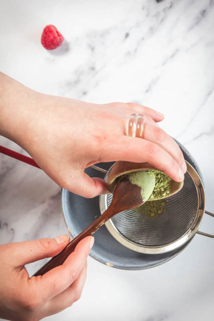Iced Matcha Latte With Coconut Milk and Raspberry Syrup