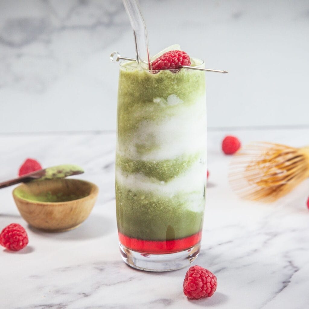 Iced Matcha Latte With Coconut Milk and Raspberry Syrup